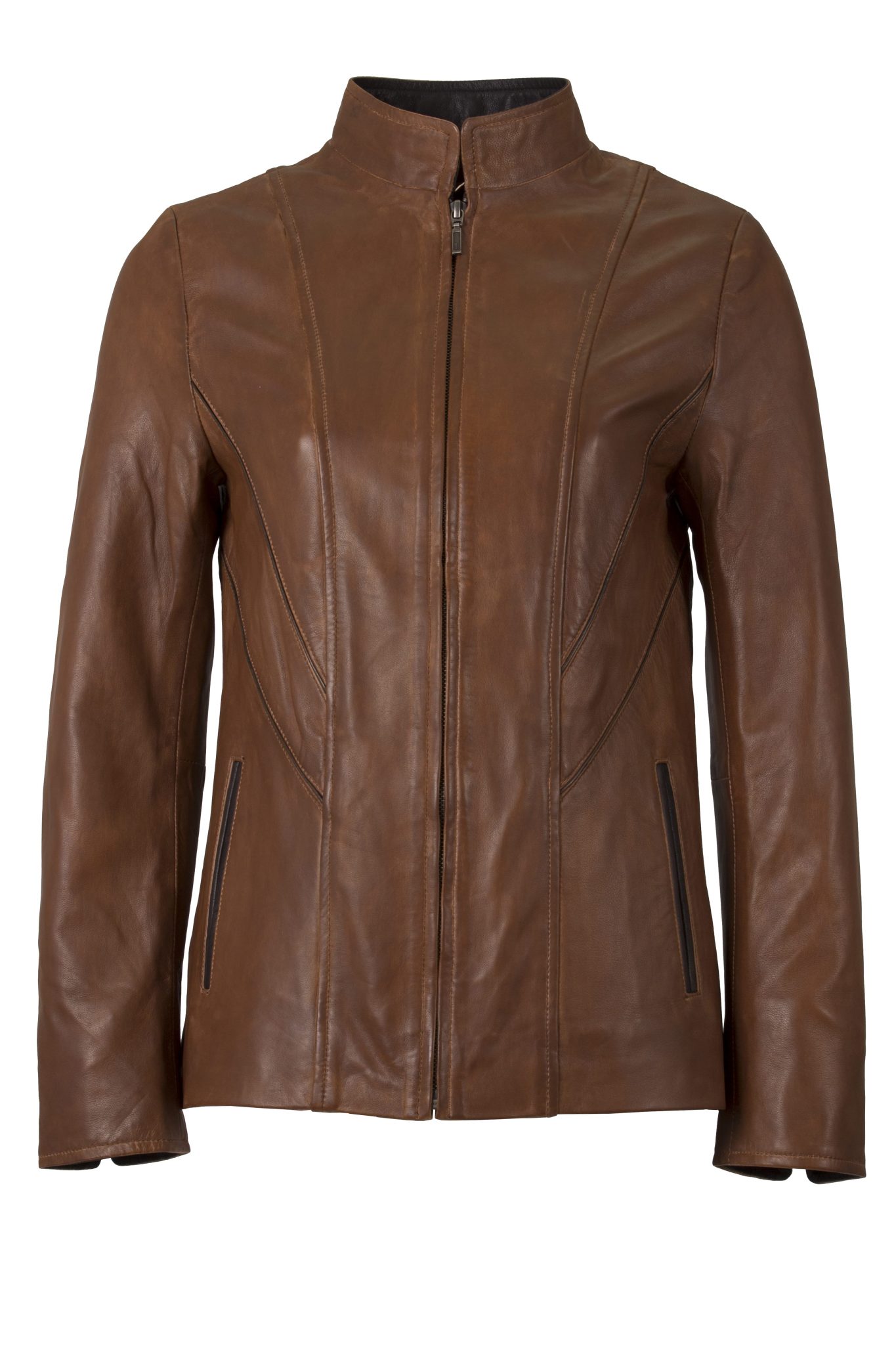 Women Real Leather Lamb Nappa Hip Length Jacket Cognac - Helium Leather